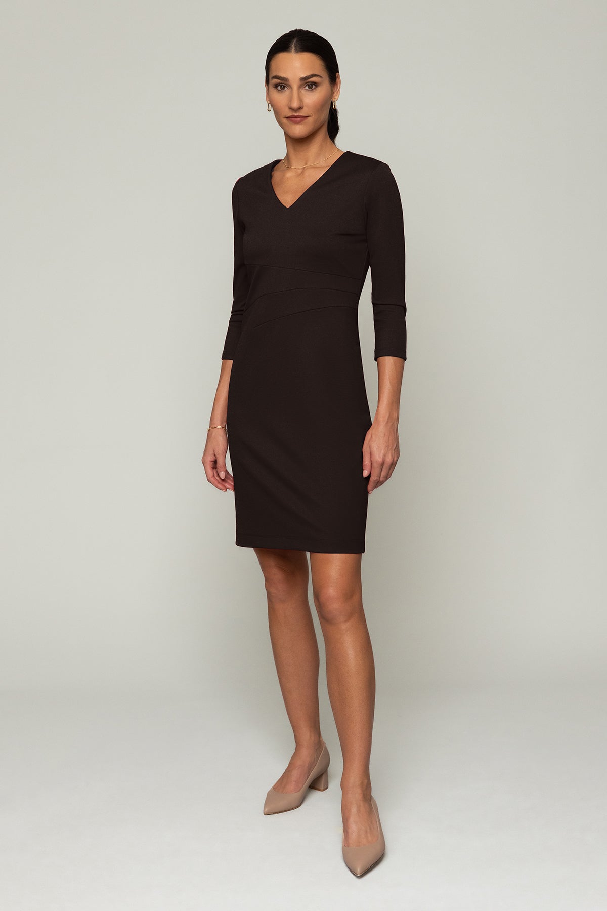 Half Sleeve V Neck Aria Dress in Espresso | Nora Gardner